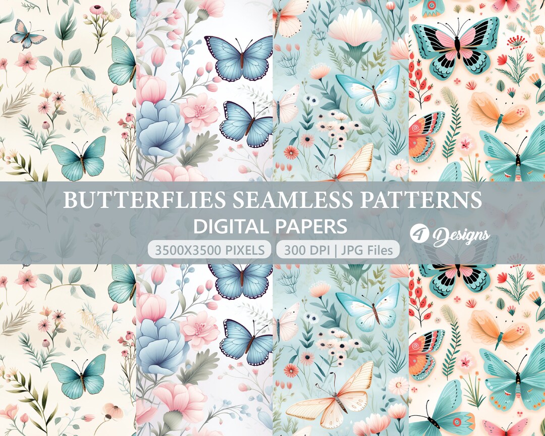 Floral Butterfly Digital Paper, Butterflies Seamless Pattern, Pastel ...