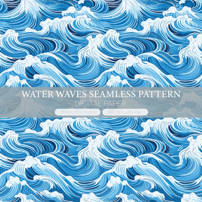 Water Waves Digital Paper, Japanese Waves Seamless Pattern, Ocean Wave ...