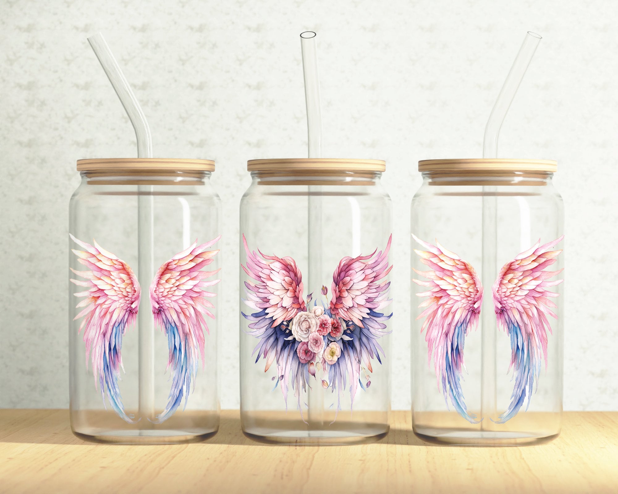 Pastel Angel Wings Glass Can Wrap, 16oz Glass Can, Wings 16oz Libbey ...