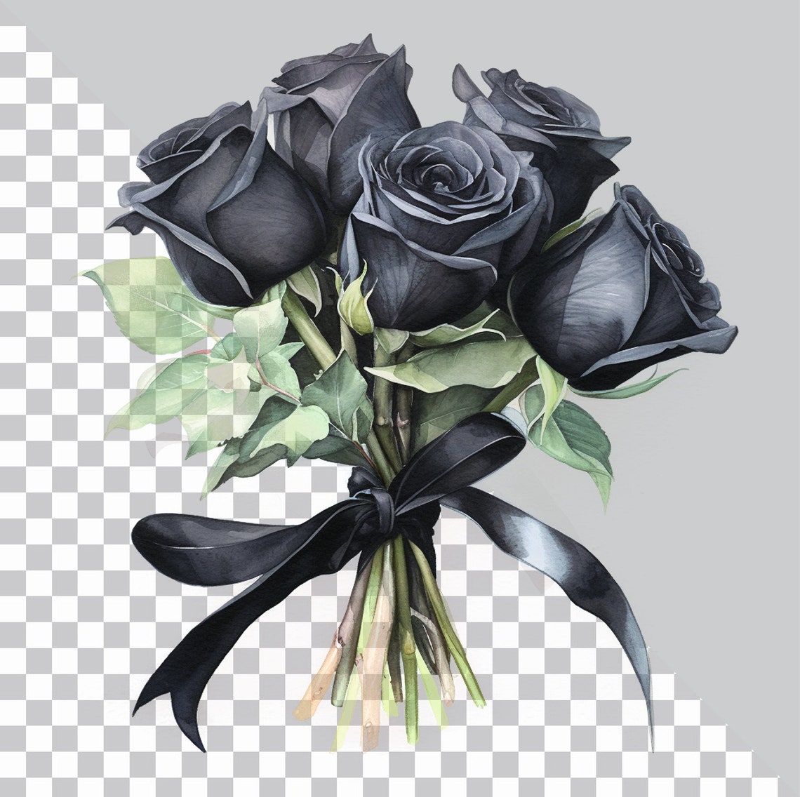 Watercolor Black Rose Clipart, Gothic Roses, Black Rose With Ribbon ...