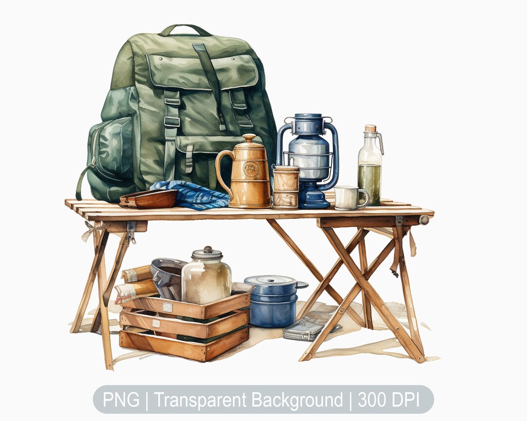Watercolor Camping Equipment Clipart, Bonfire, Tent, Nature Hiking ...