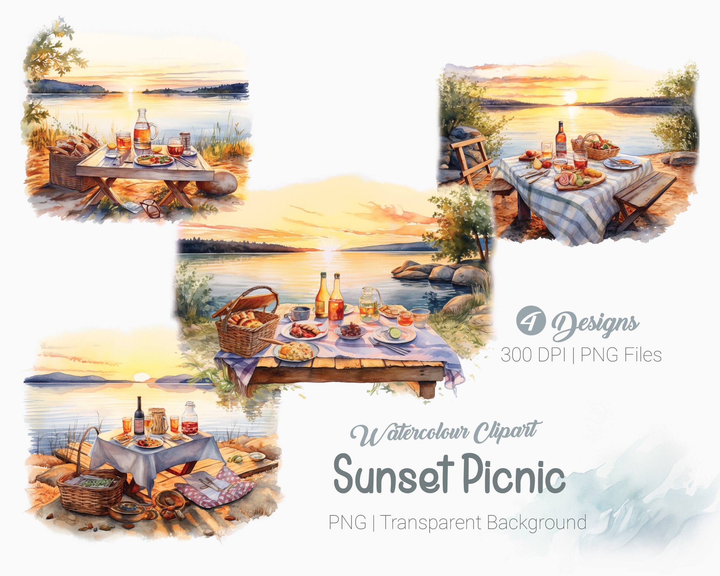Sunset Picnic Clipart, Lake Picnic PNG, French Picnic, Lake Landscape ...