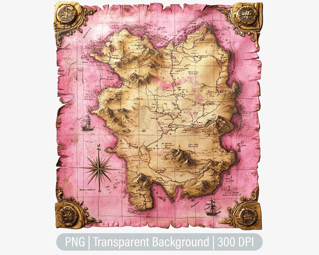 Pink Treasure Map Clipart, Pirate Map PNG, Pirate Girl, Junk Journals ...