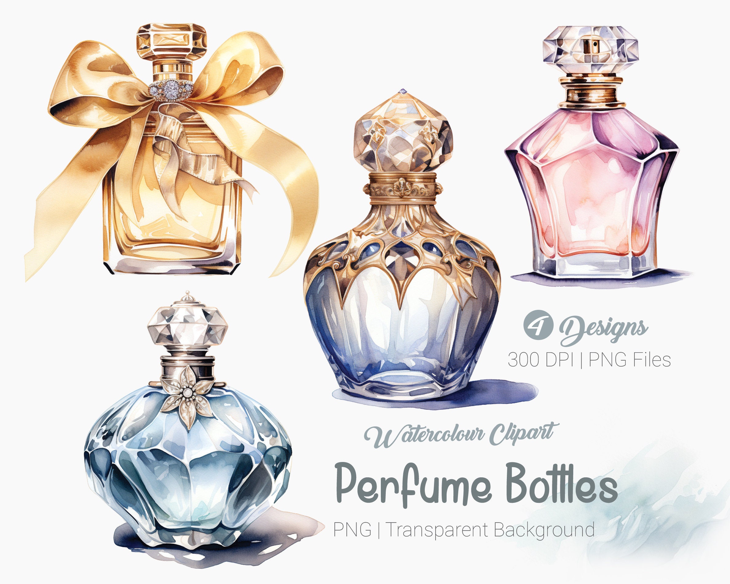 Watercolor Fancy Perfume Bottles Clipart Gold Vintage - Etsy