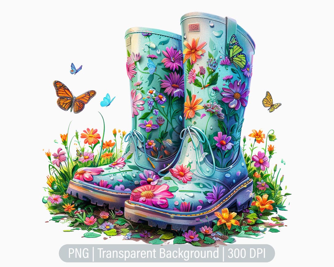 Floral Garden Boots Clipart, Spring Flowers PNG, Flower Butterfly, Junk ...