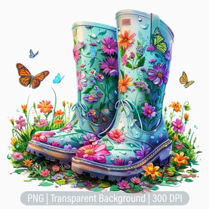 Floral Garden Boots Clipart, Spring Flowers PNG, Flower Butterfly, Junk ...
