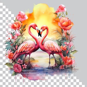Watercolor Flamingo Clipart - Tropical Birds With Flowers and Leaves ...