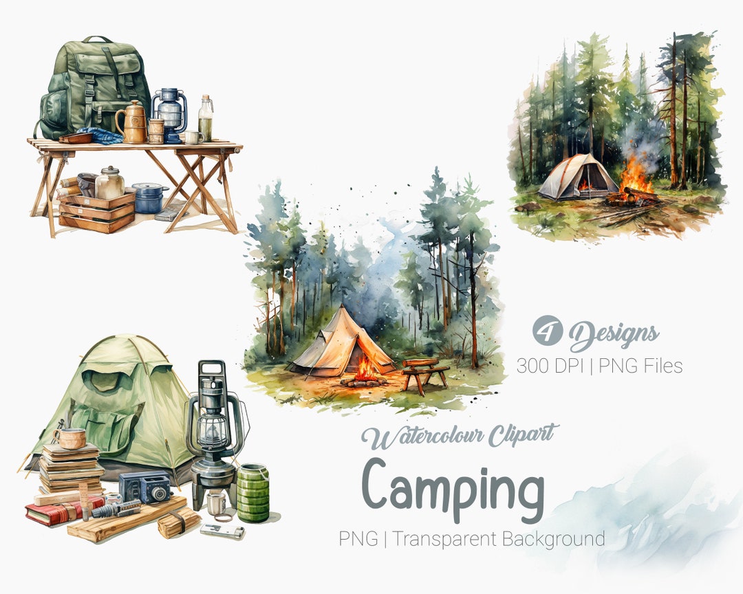 Watercolor Outdoor Camping Clipart, Bonfire, Tent, Nature Hiking ...