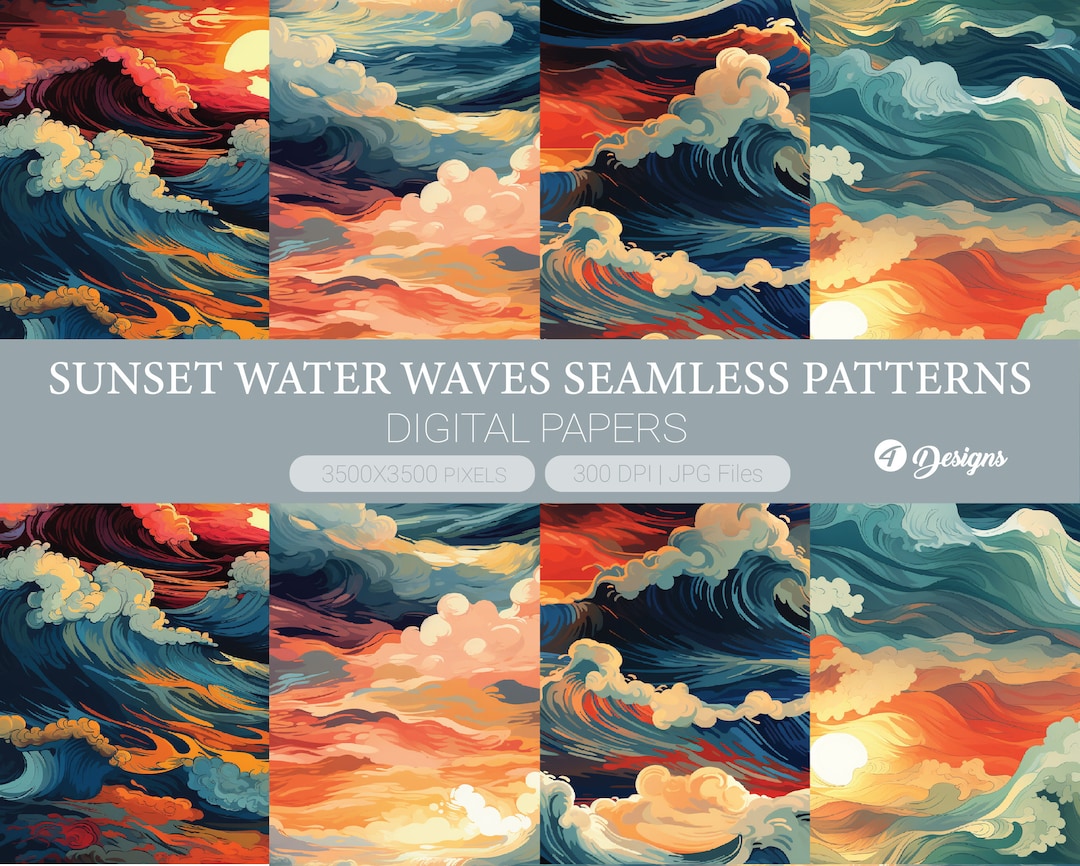 Sunset Water Wave Digital Paper, Beach Waves Seamless Pattern, Ocean ...