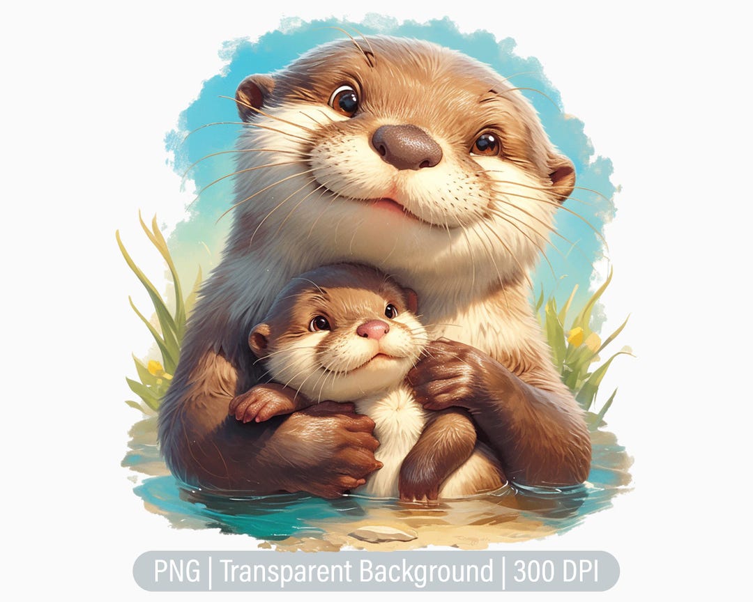 Cute Otters Clipart, Cute Animal PNG, Baby & Mom Otter, Junk Journal ...