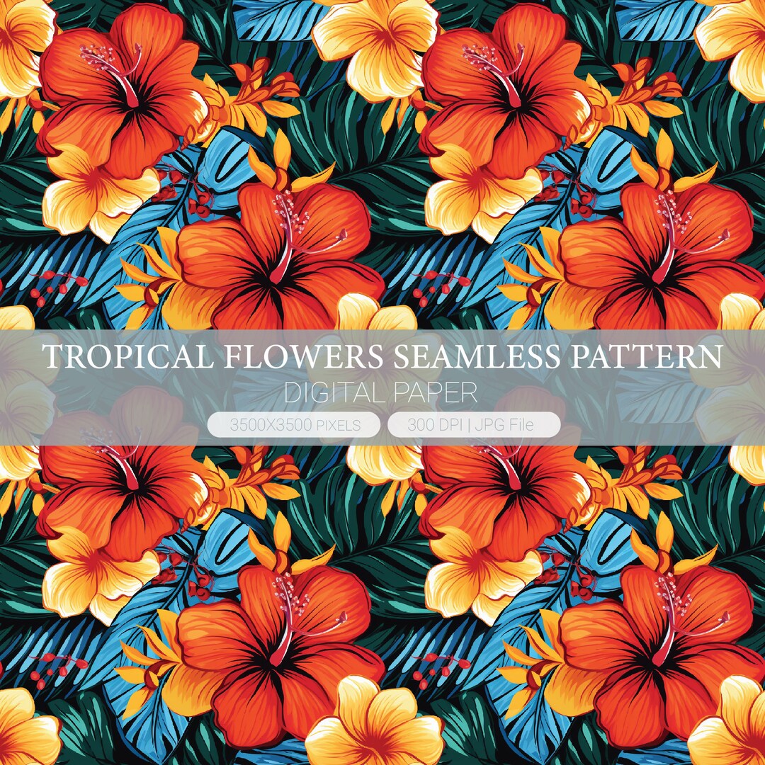 Tropical Flowers Digital Paper, Tropical Floral Seamless Pattern ...
