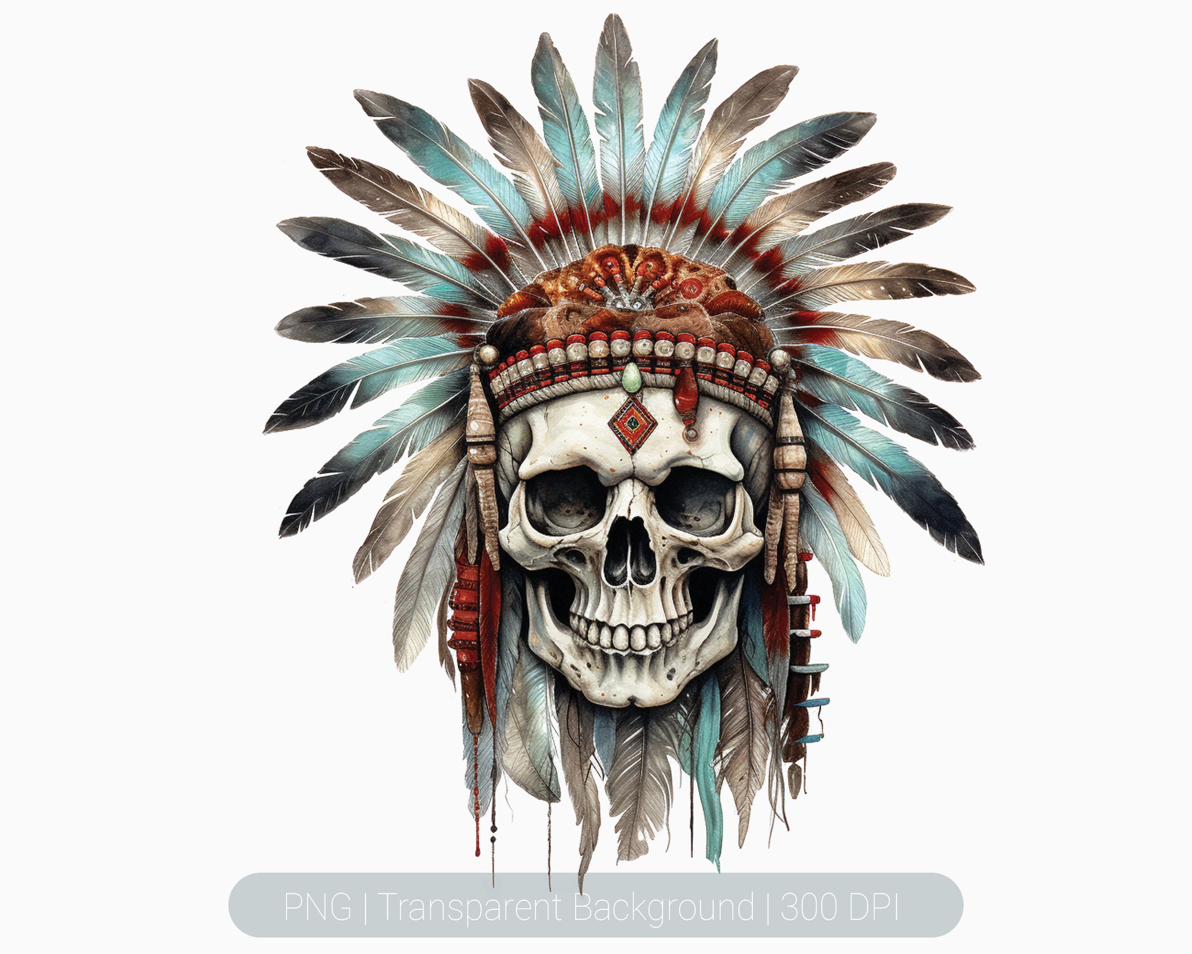 Native American Skull Clipart, Watercolor Headdress Png, Indigenous ...