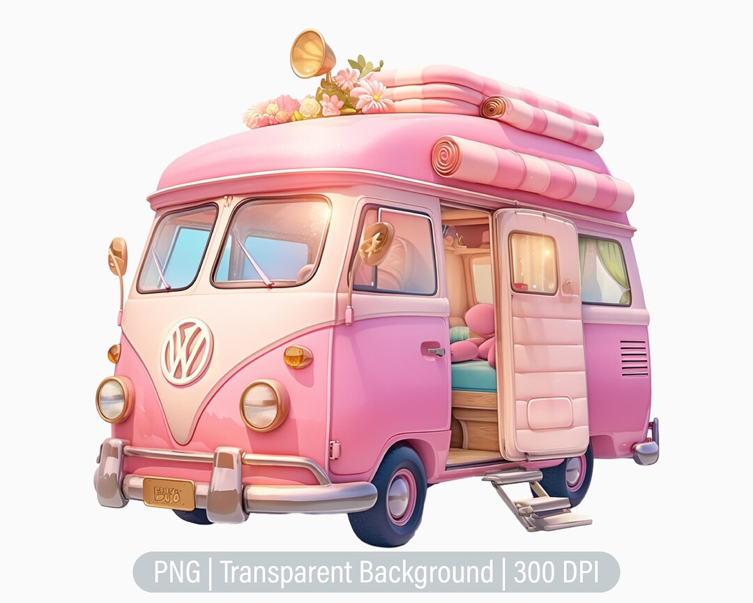 Pink Camping Van Clipart, Camper Van PNG, Adventure, Forest Camp, Junk ...