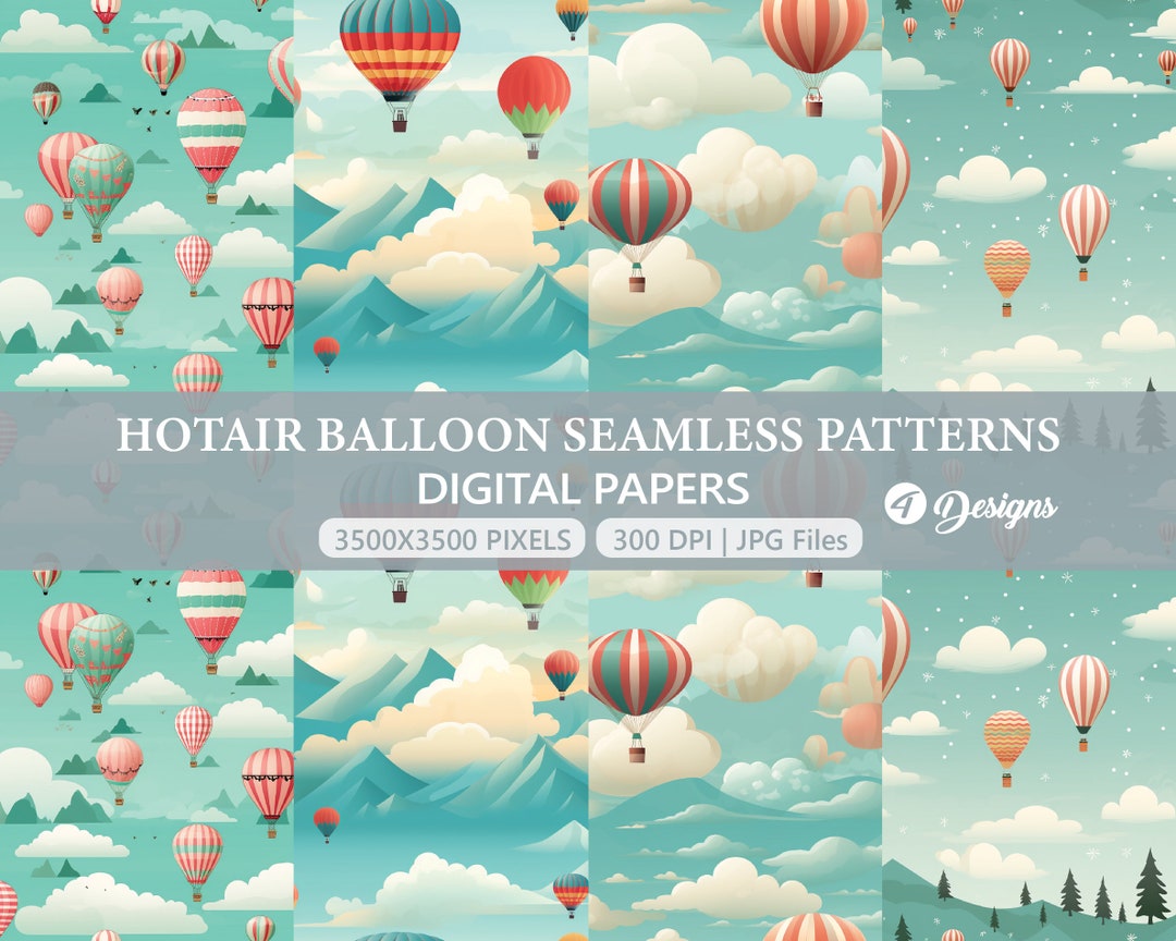 Hot Air Balloon Digital Paper, Hot Air Balloon Seamless Pattern ...