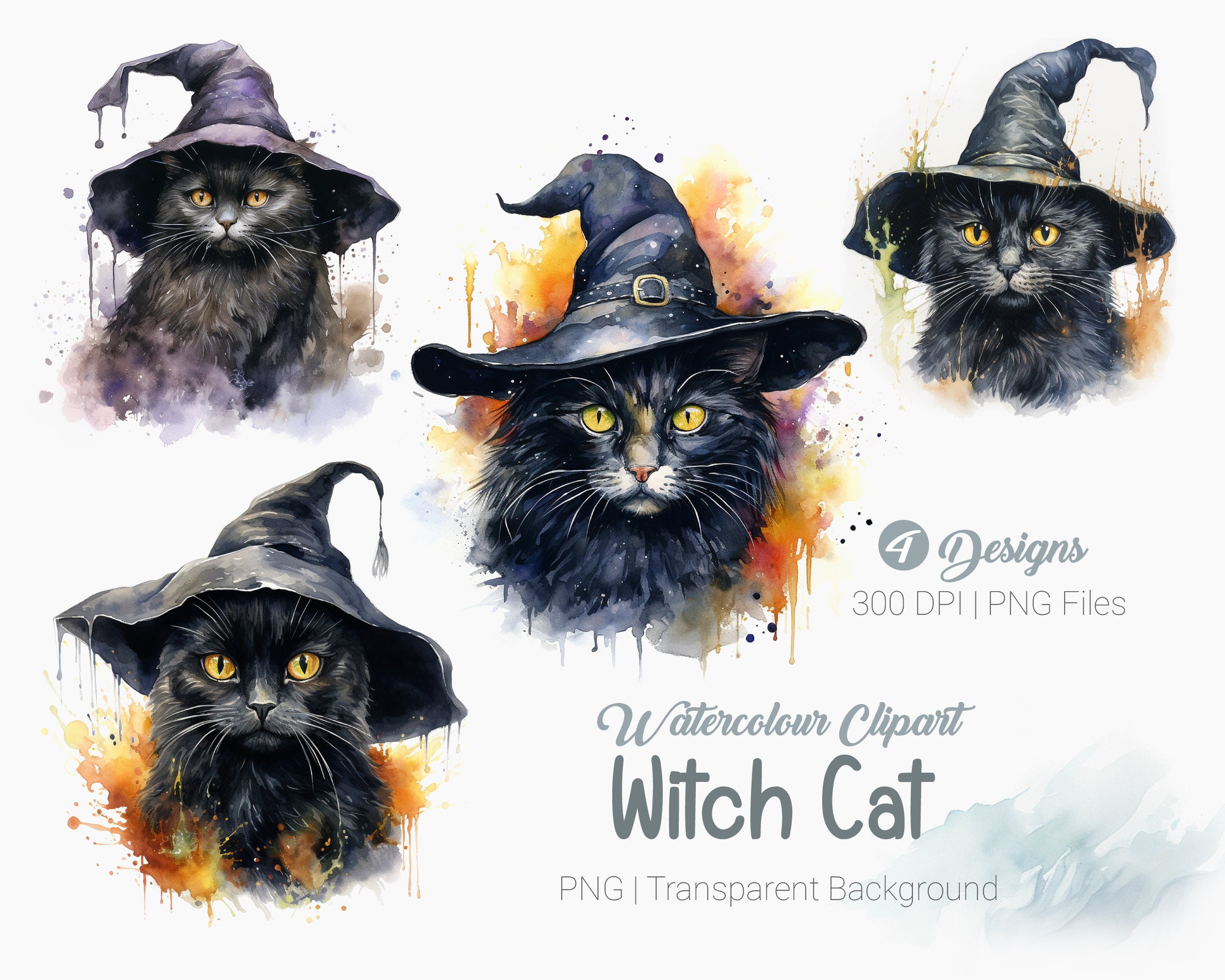 Witch Cat Clipart Watercolour Witches Cat Halloween Clipart - Etsy