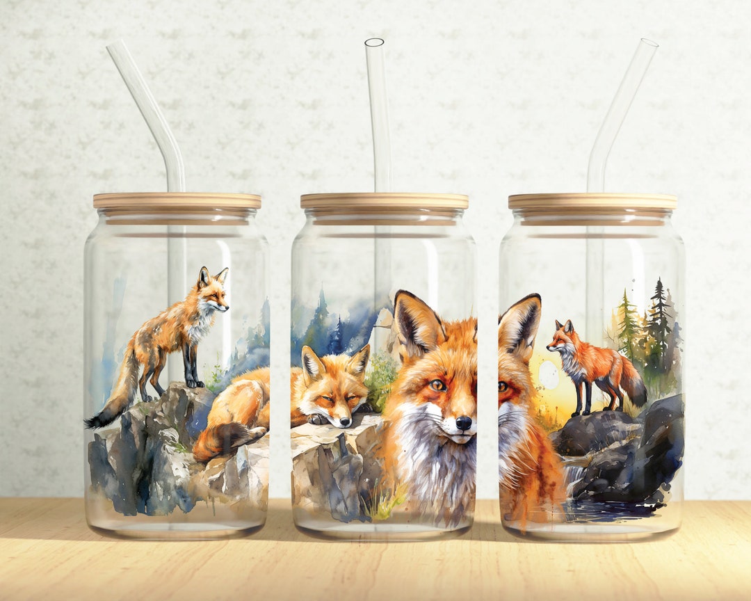 Foxes Glass Can Wrap, Forest Fox 16oz Glass Can, Woodland Animals 16oz ...