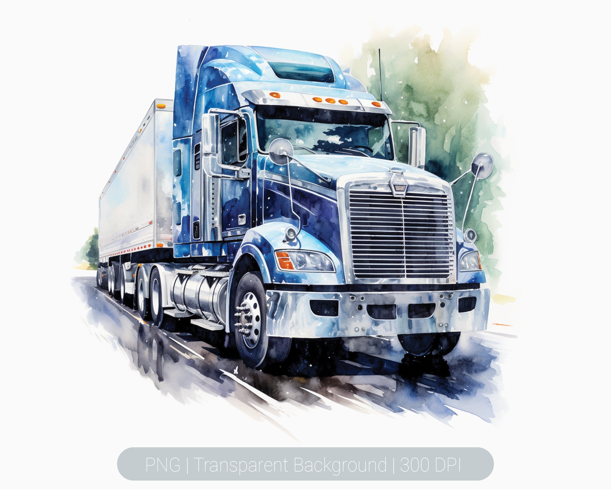 Semi Truck Clipart, 18 Wheeler Semi Truck, Watercolor, Blue American ...