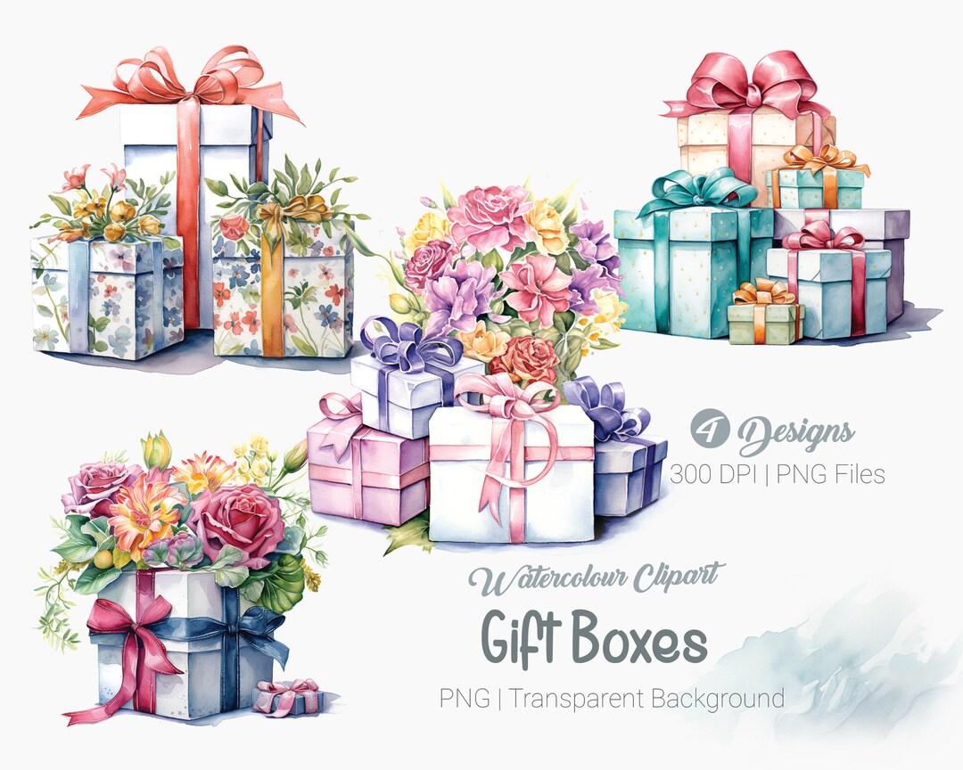 Watercolor Gift Box Clipart, Floral Gift Boxes Png, Printable Graphics ...