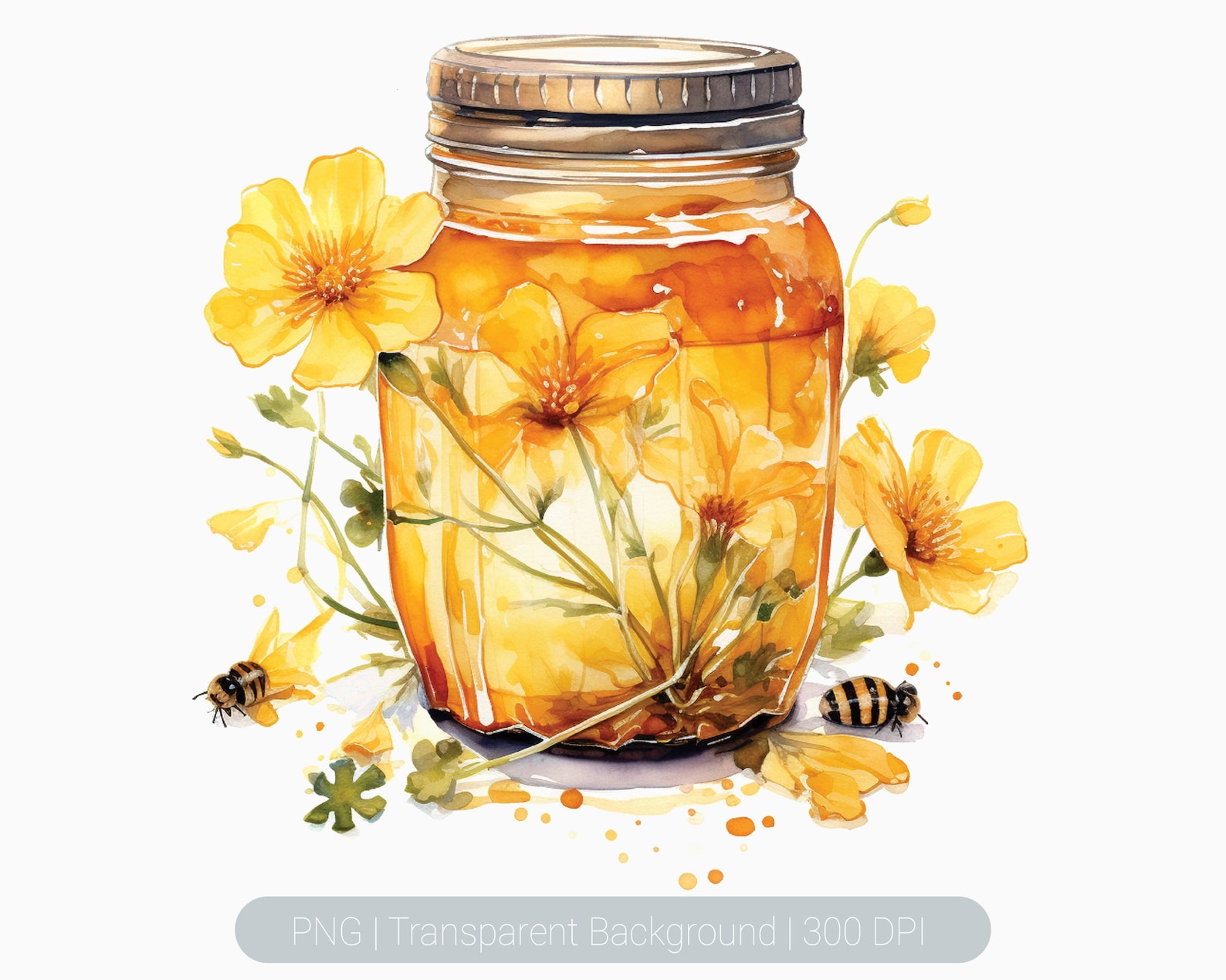 Watercolor Honey Jar Clipart, Bumble Bee Honey Comb, Floral Bee Clipart ...