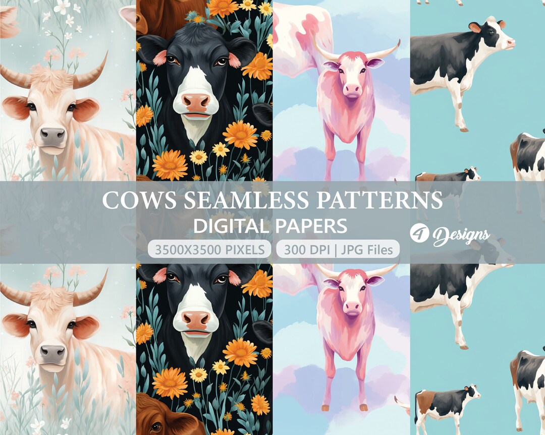Cow Digital Paper, Farm Cow Seamless Pattern, Floral Cow Pattern, Cow ...