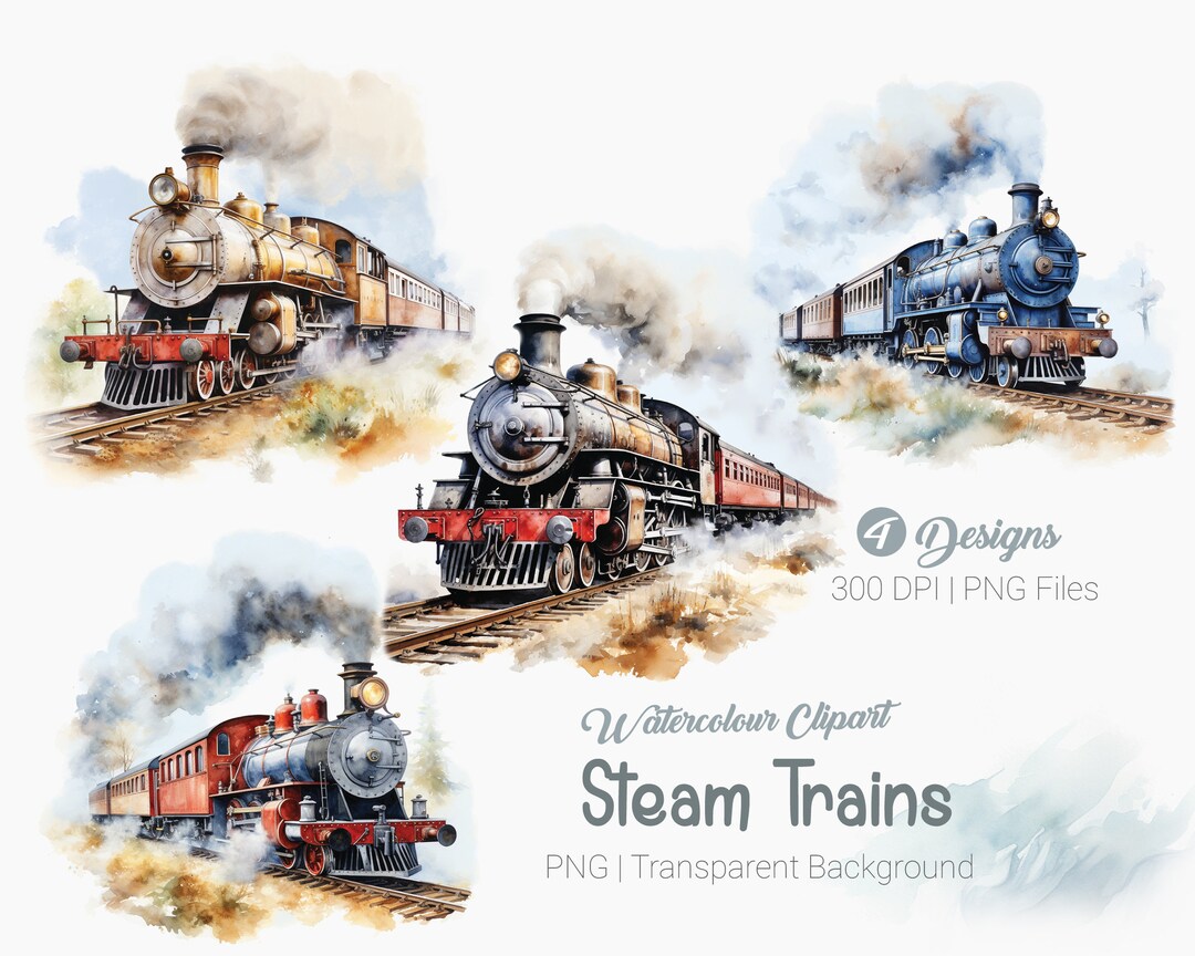 Watercolor Steam Train Clipart, Train Clipart, Vintage Locomotive Png ...