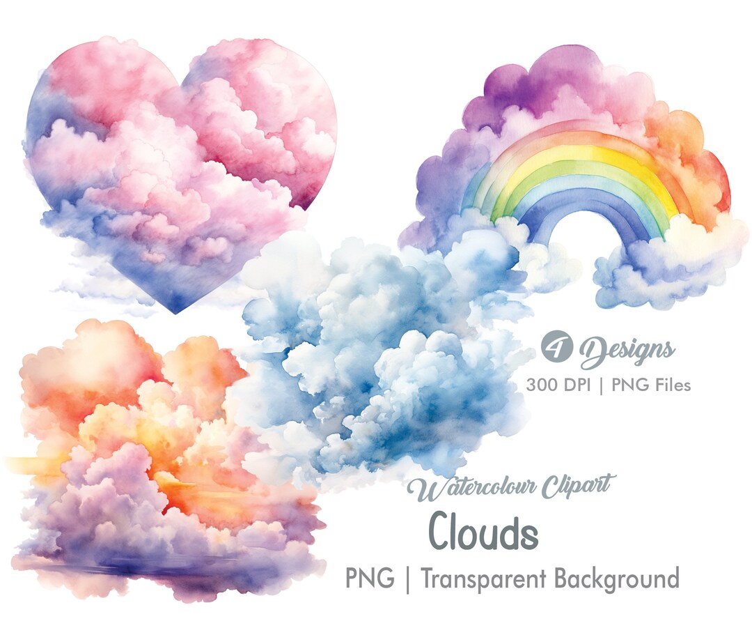 Clouds Clipart, Rainbow Clouds PNG, Heart Cloud PNG, Junk Journals ...