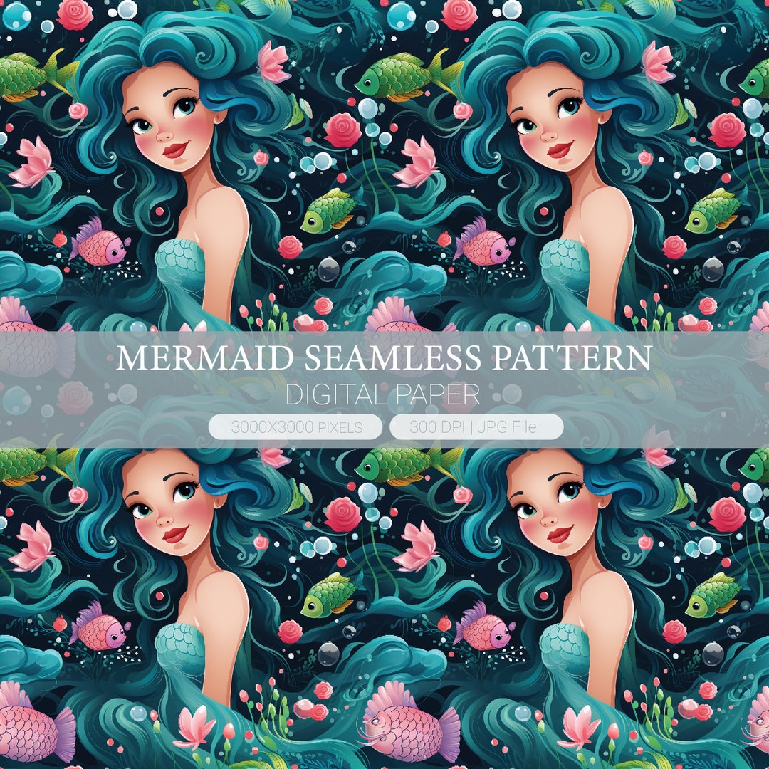 Mermaid Digital Paper and Seamless Mermaid Pattern, Web Backgrounds ...