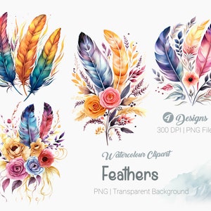 Floral Feathers Clipart, Watercolor Abstract Feathers Clipart, Feather ...