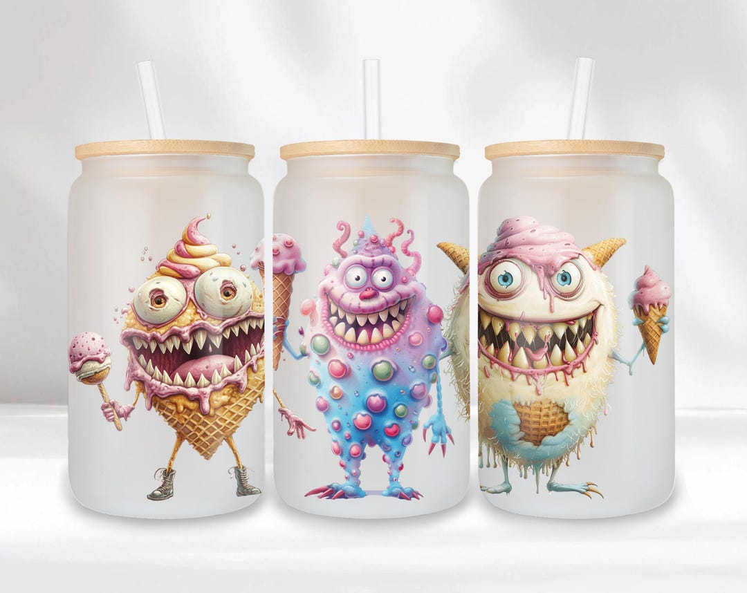 Ice Cream Monsters Glass Can Wrap, Ice Cream 16oz Glass Can, Cute Ice ...