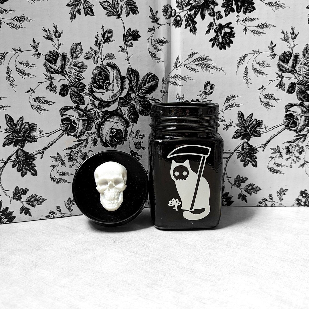 4.5 REAPER KITTY Container Black Glass Gothic Storage Jar/kitchen ...