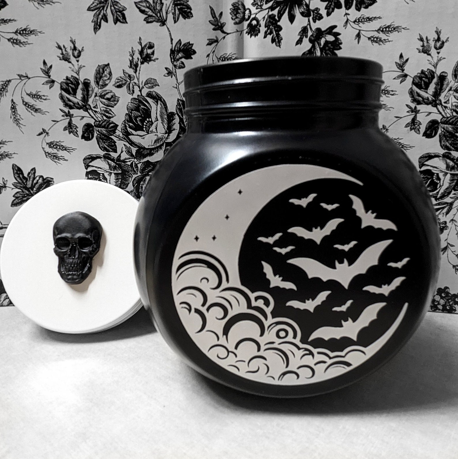 Crescent Moon + Bats Container | Black Glass Gothic Candy Jar/kitchen ...