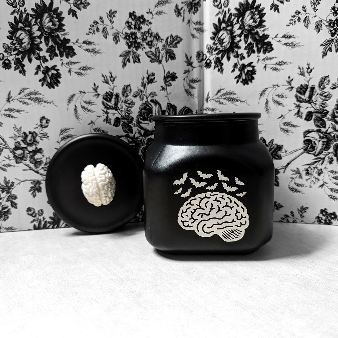 6.0" Black Human Brain + Bats Container || Gothic Glass Storage Jar ...