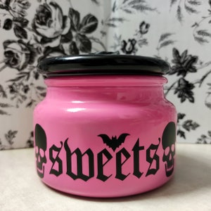 Pastel Goth PINK SWEETS JAR | Black Glass Candy Dish W/ Skulls & Bat ...
