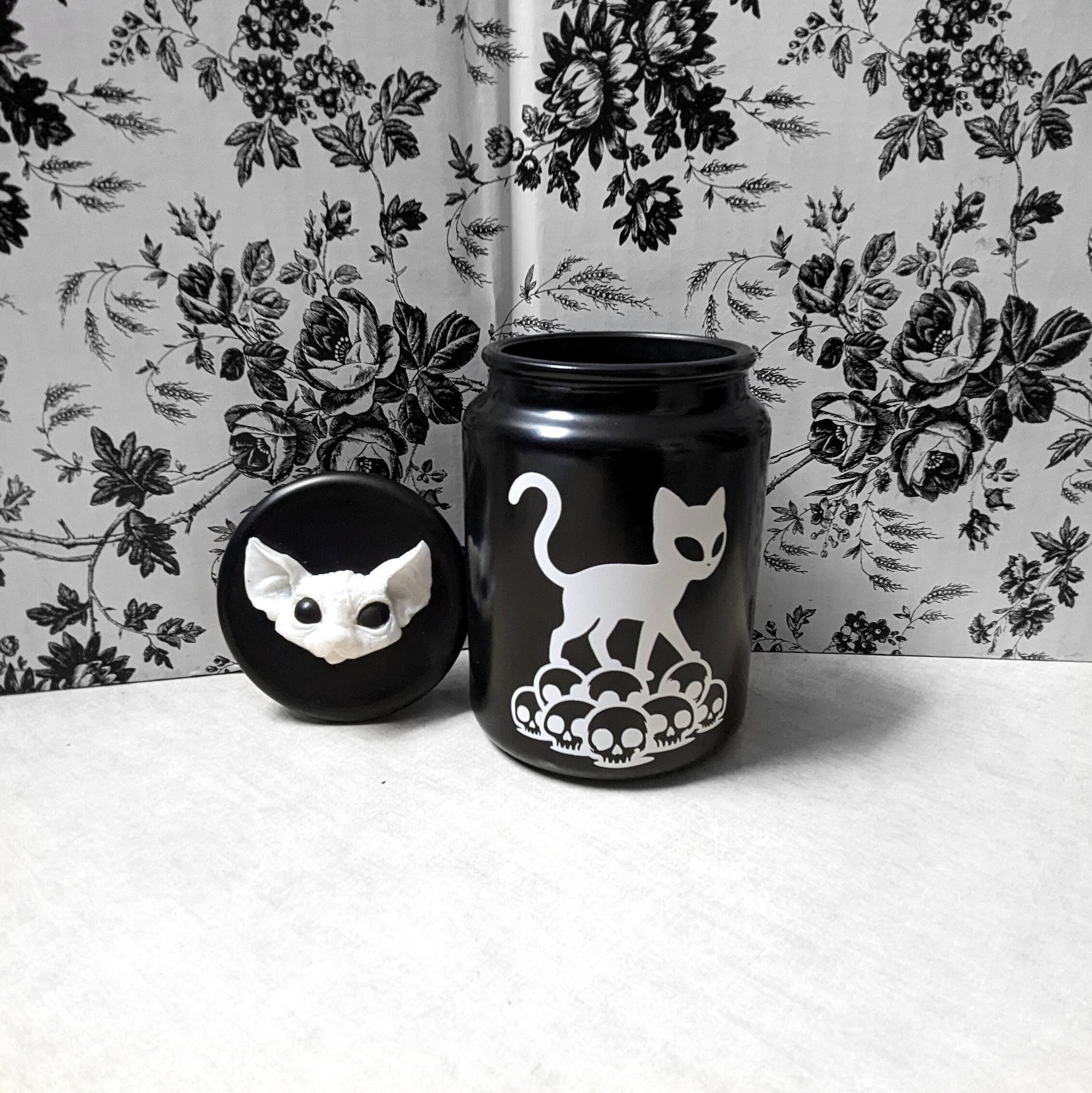 Alien Cat on Skulls Container | Black Glass Gothic Candy Jar/kitchen ...