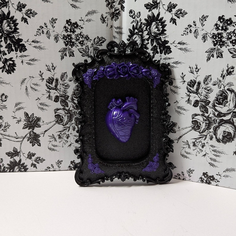 Purple Heart on Black Glitter •ornate Floral Handmade Resin+board Frame ...