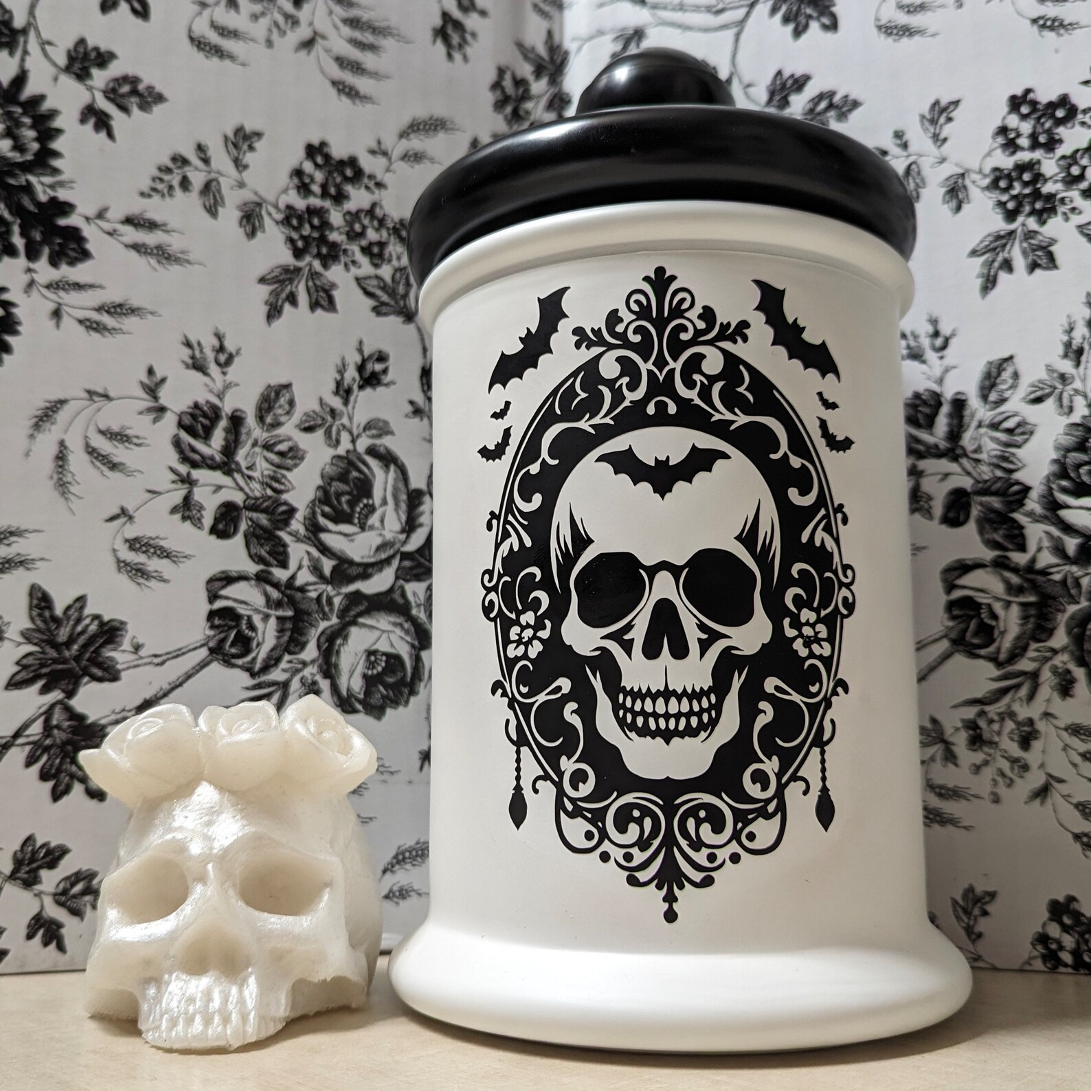9" Victorian Gothic Skull Container • White Glass Cookie Jar/kitchen ...