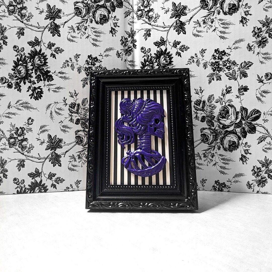Framed Purple Victorian Gothic Female Skeleton on BW Stripes 3D Skull ...