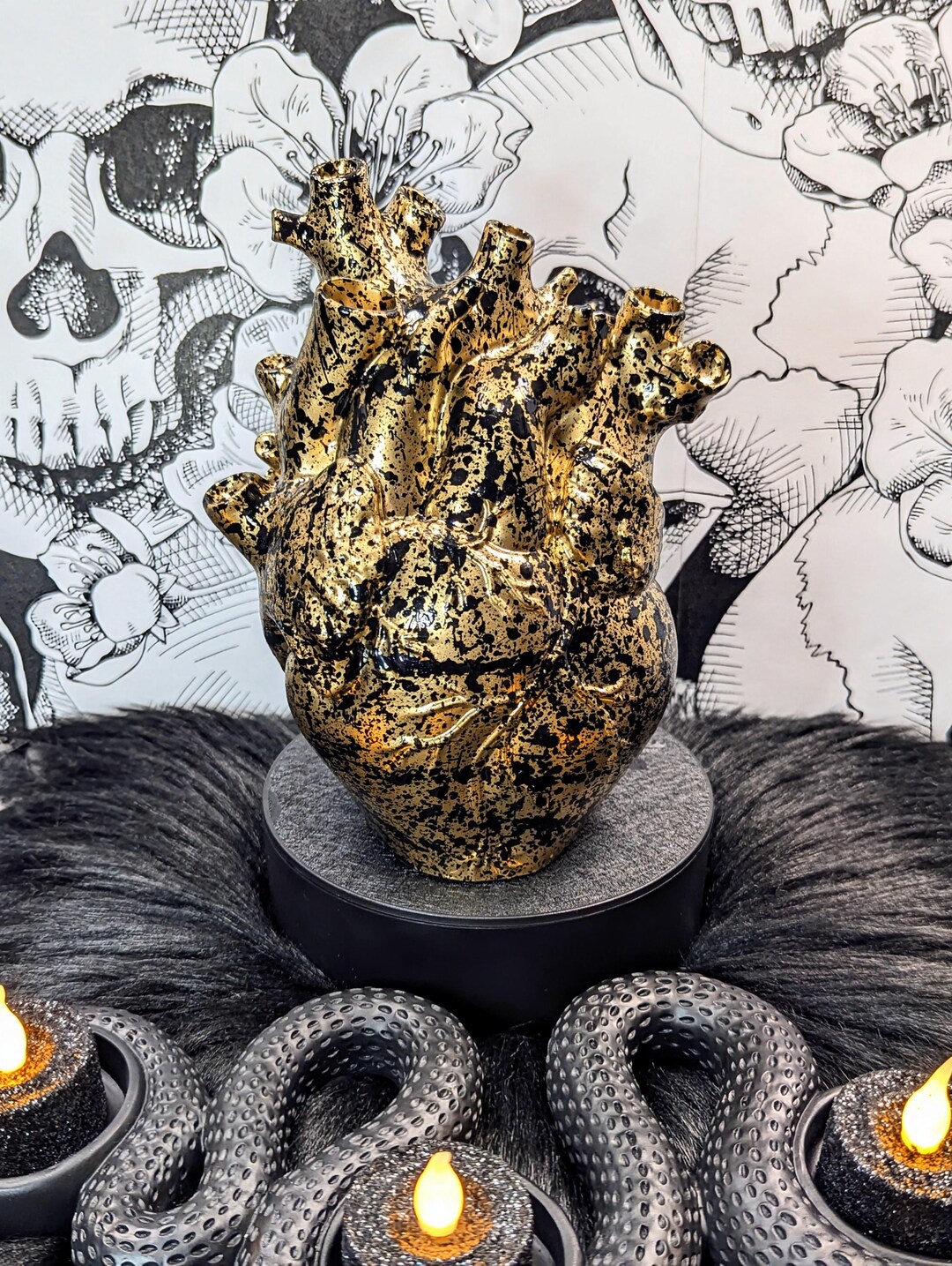 Gold & Black Splatter Anatomical Heart • Large 7" Handmade Plaster ...