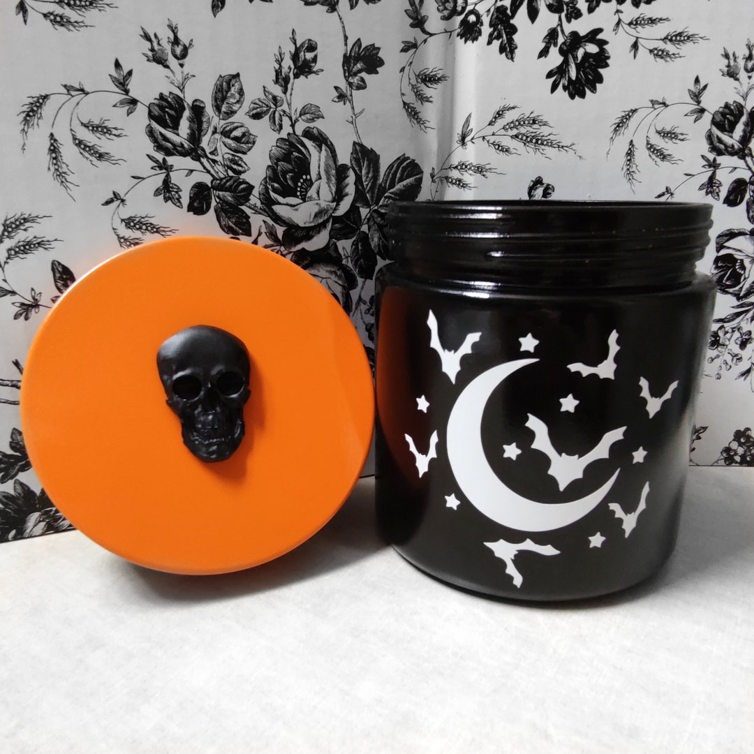 Spooky Halloween Treat Jar | Black & Orange Skull, Moon, Bat Glass ...