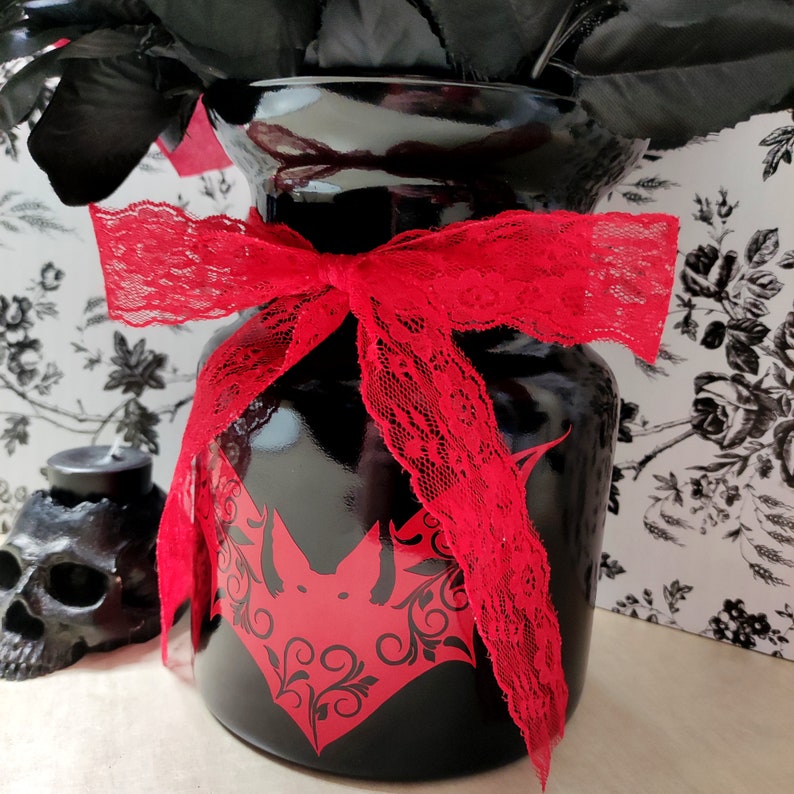 7.3" Decorative Vampire Bat Vase • Black Glass Vase & Red Lace Bow ...