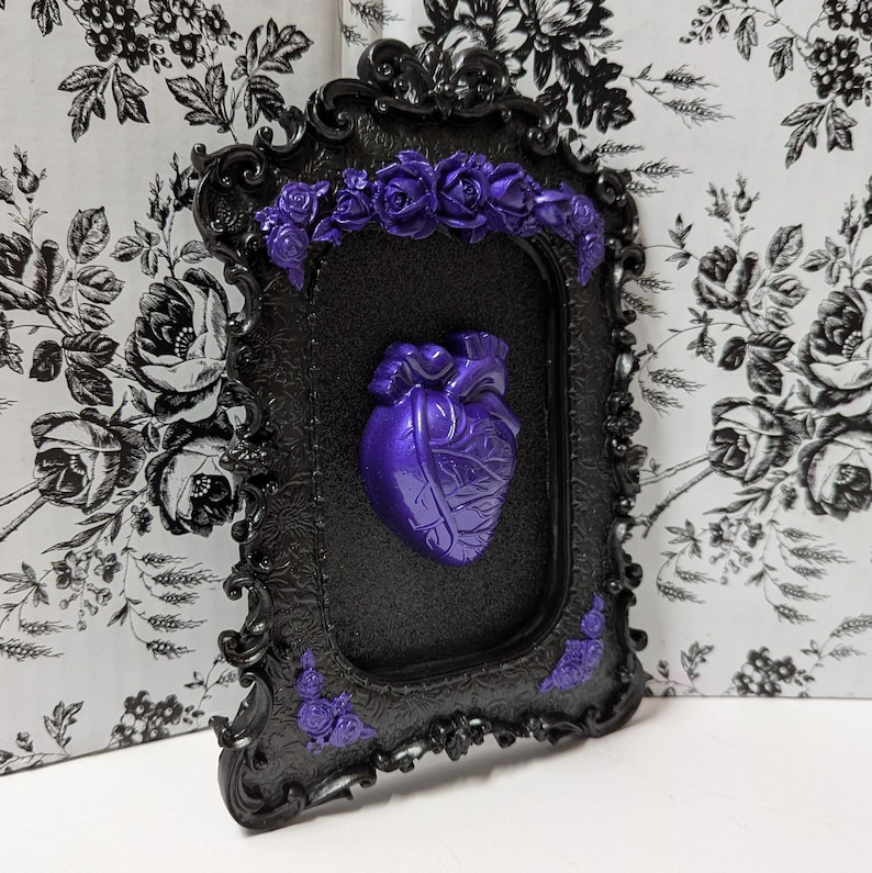 Purple Heart on Black Glitter •ornate Floral Handmade Resin+board Frame ...