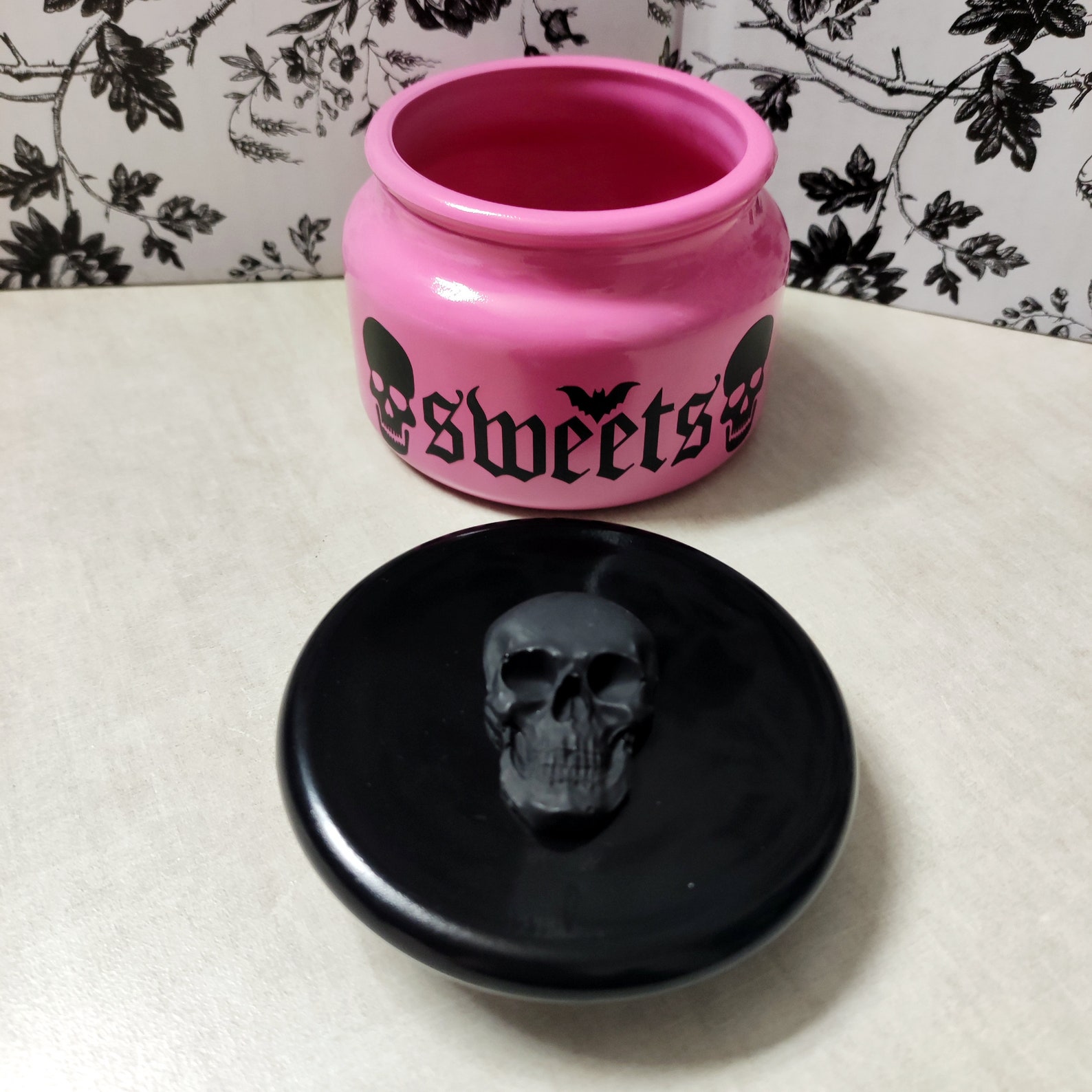 Pastel Goth PINK SWEETS JAR Black Glass Candy Dish W/ Skulls & Bat ...