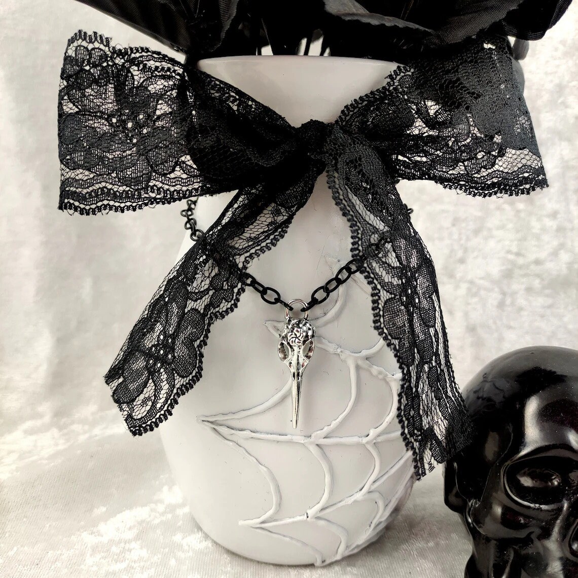 SPIDER WEB White Decorative Glass Vase With Black Lace Bow & - Etsy
