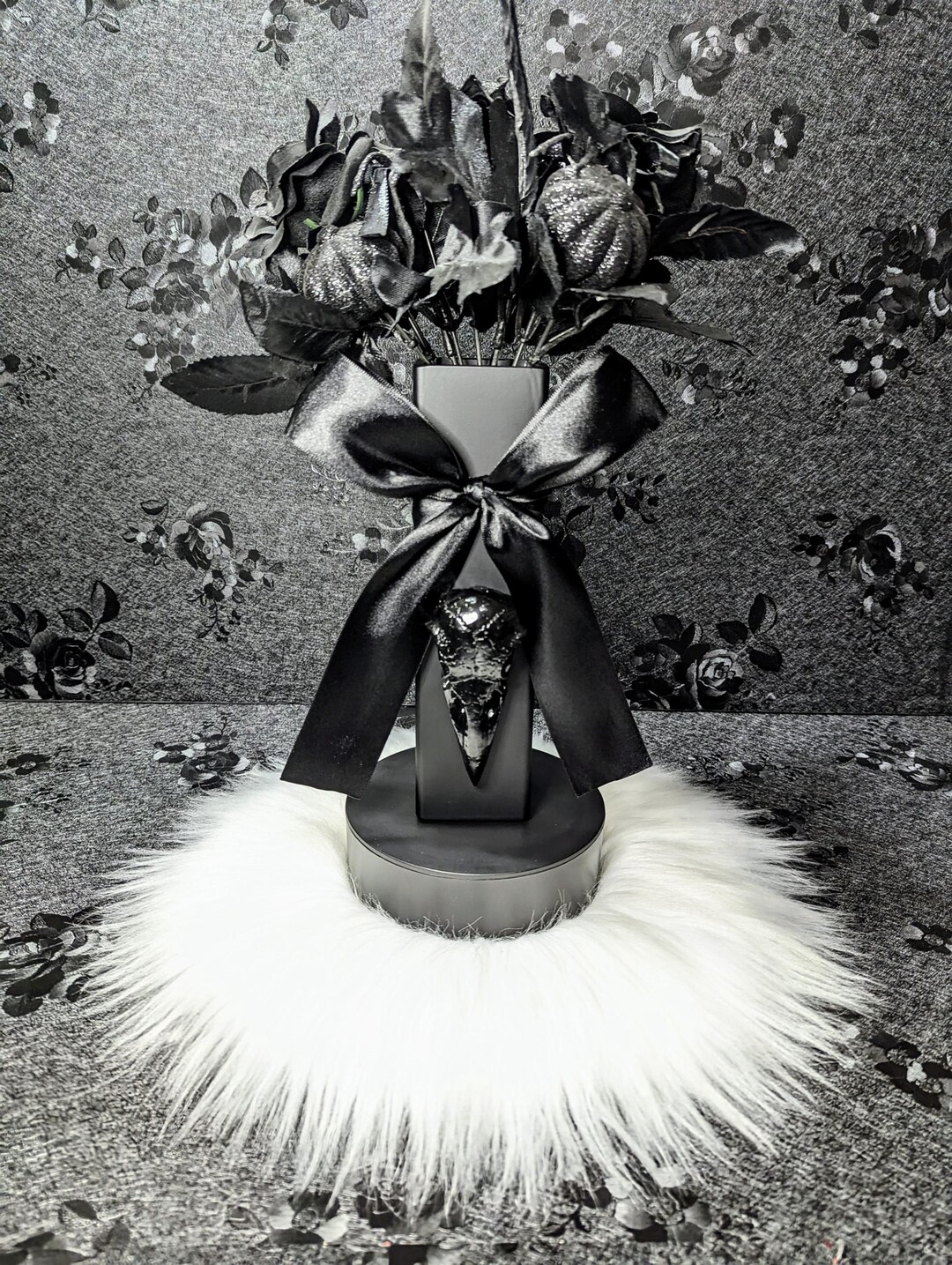 8.2" Black Raven Skull Glass Vase W/ Bow • Spooky Witchy Macabre Decor ...