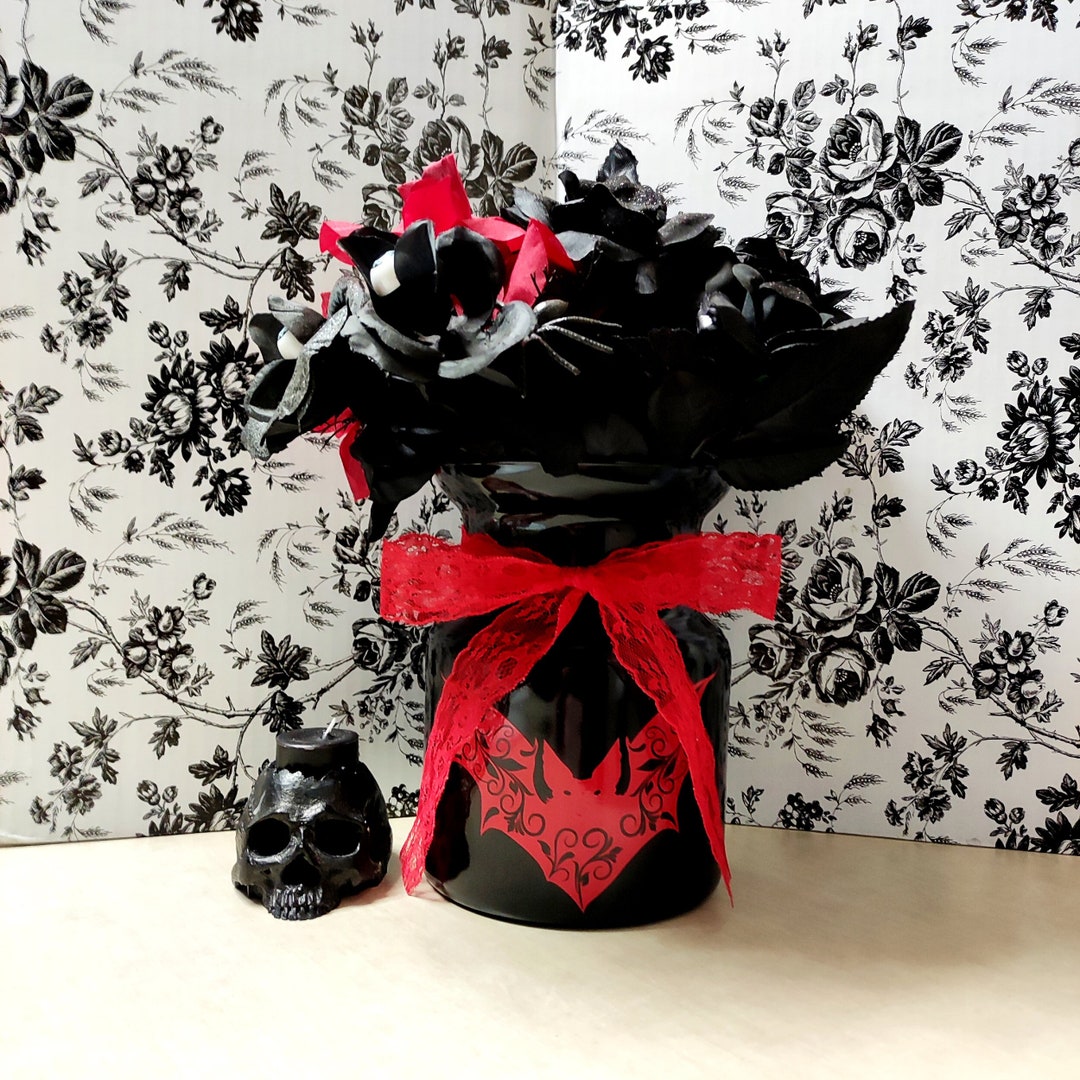 7.3" Decorative Vampire Bat Vase • Black Glass Vase & Red Lace Bow ...