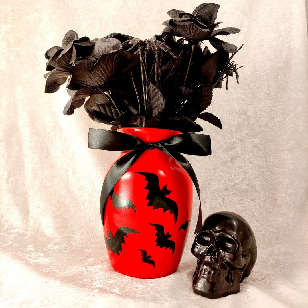 Decorative Glass Vase With Black Bow & Bats CHOOSE COLOR Gothic Wedding ...