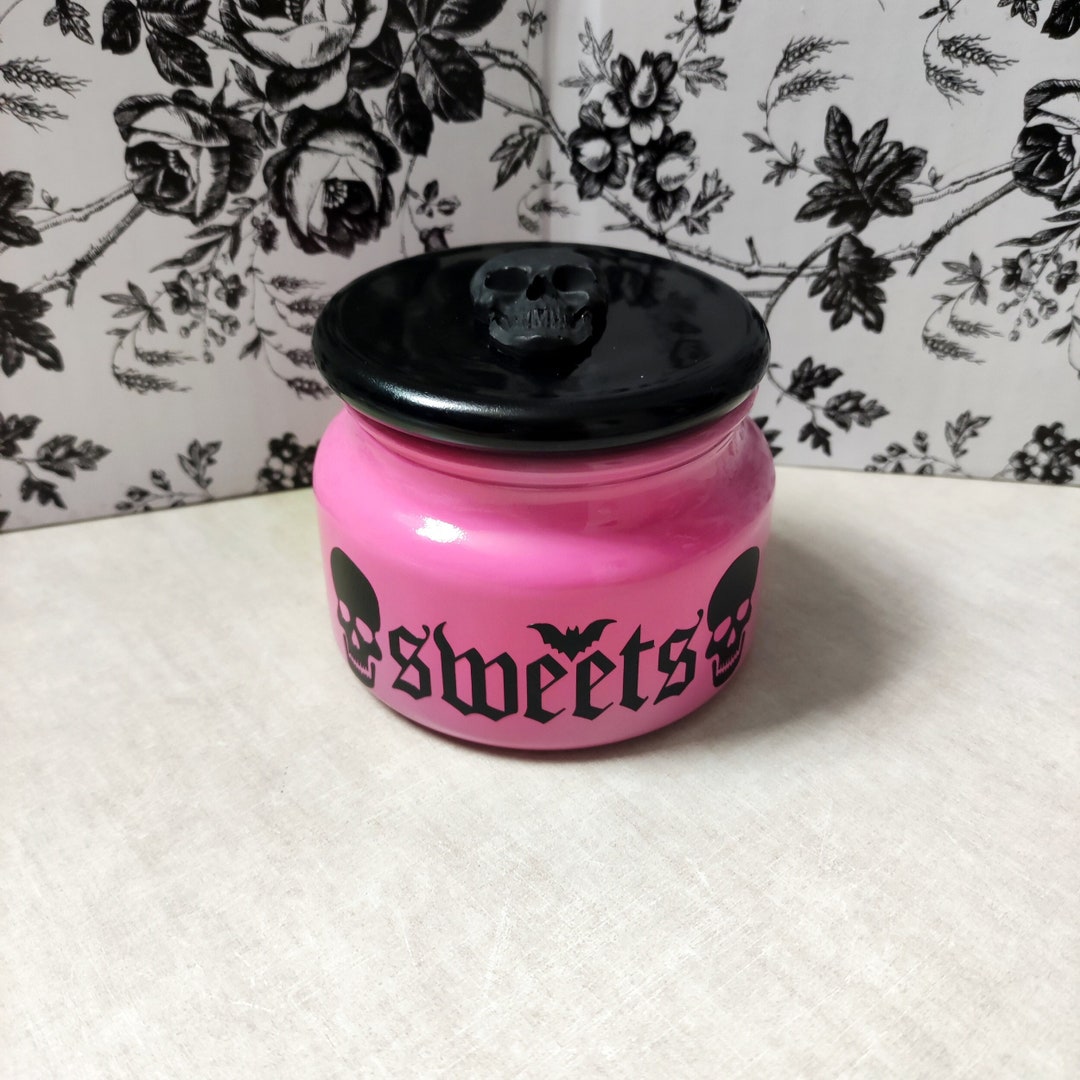 Pastel Goth PINK SWEETS JAR | Black Glass Candy Dish W/ Skulls & Bat ...