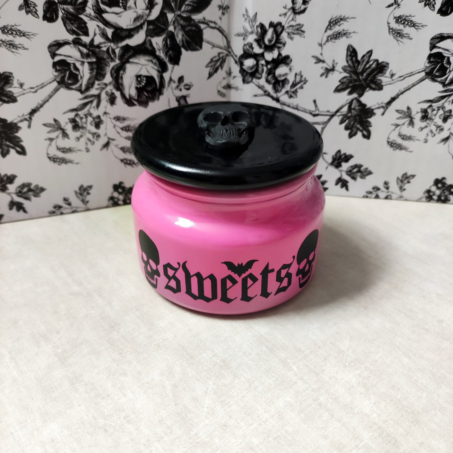 Pastel Goth PINK SWEETS JAR Black Glass Candy Dish W/ Skulls & Bat ...