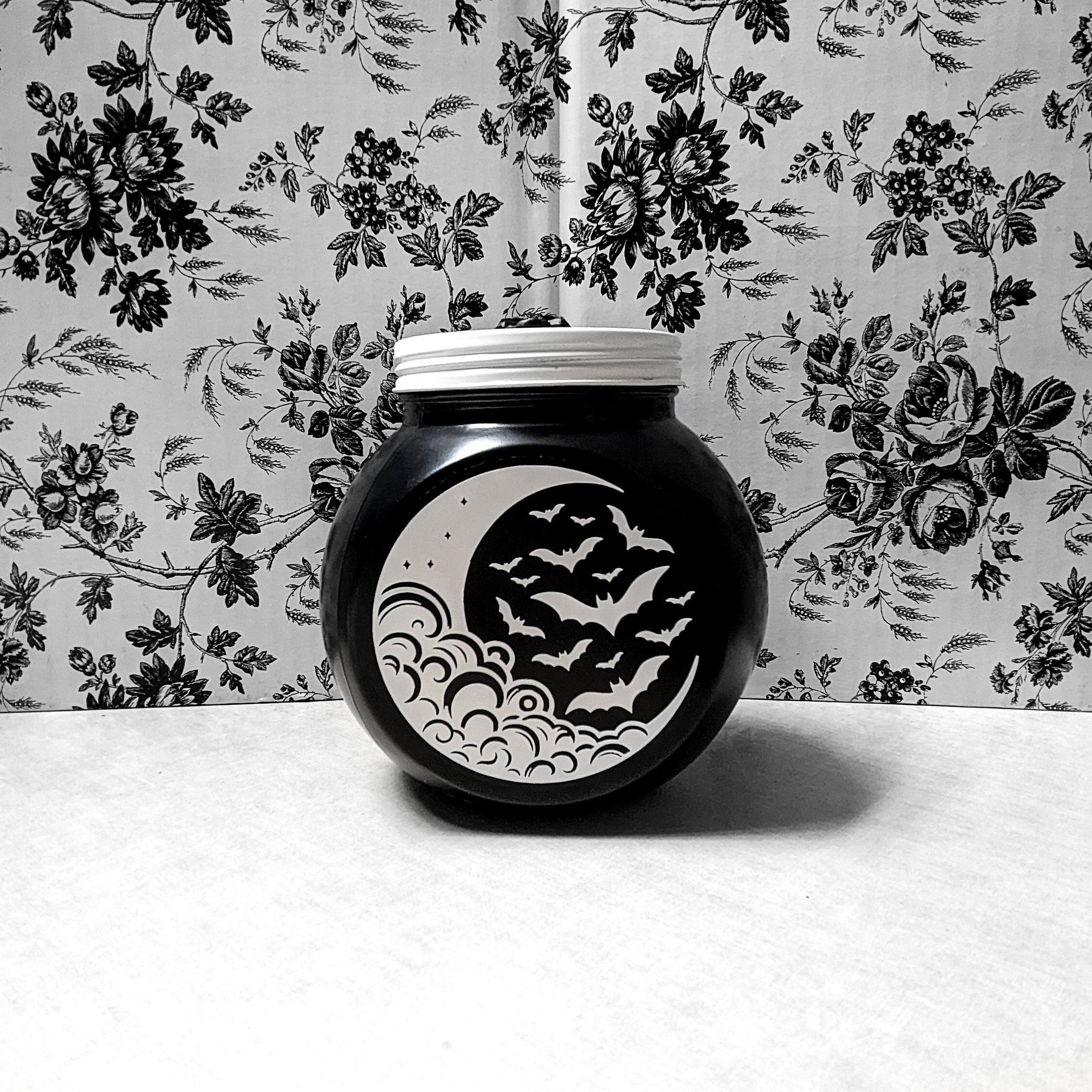Crescent Moon + Bats Container | Black Glass Gothic Candy Jar/kitchen ...