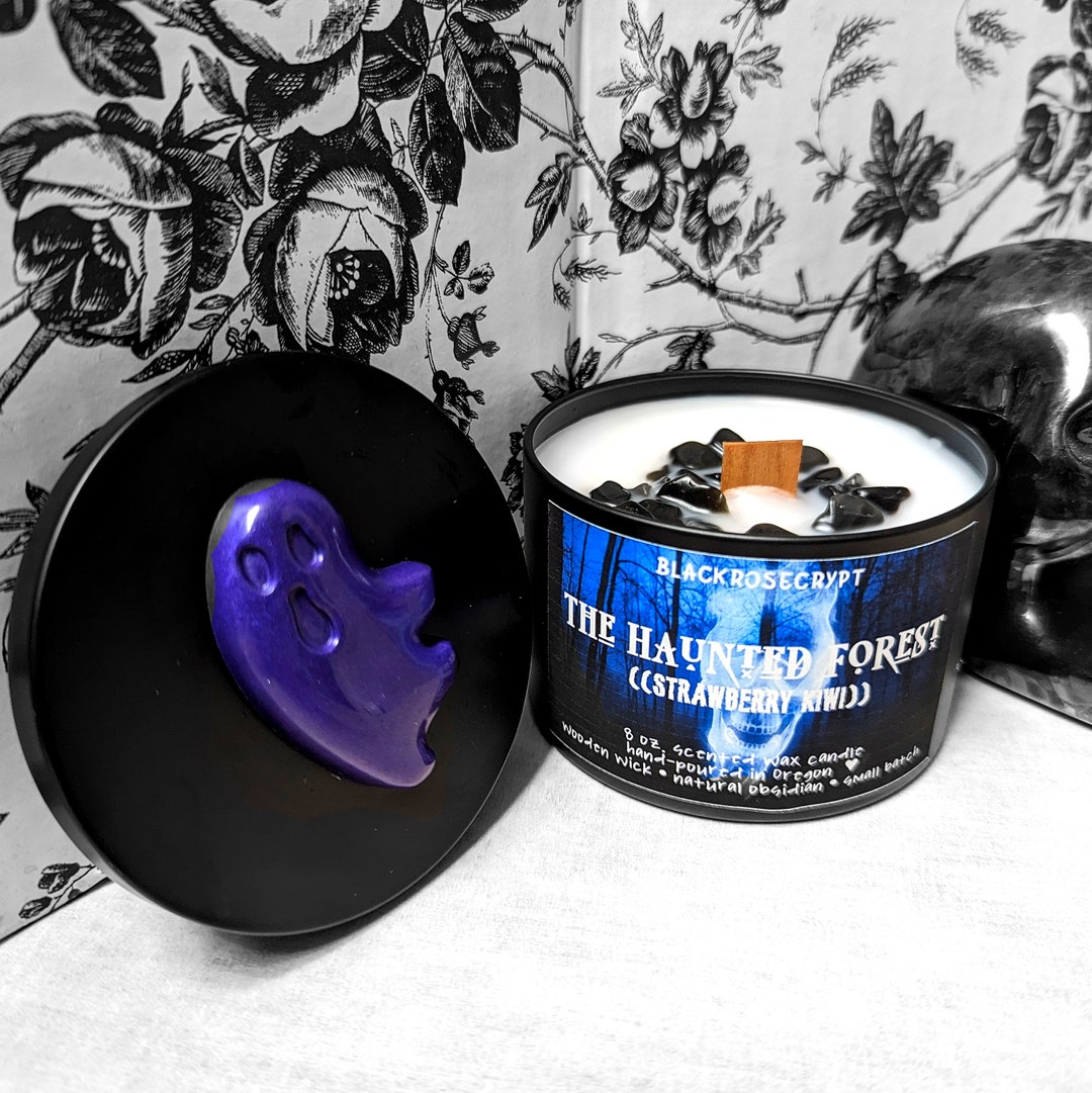 8 Oz. Strawberry Kiwi HAUNTED FOREST Candle W/ Obsidian in Metal Tin ...